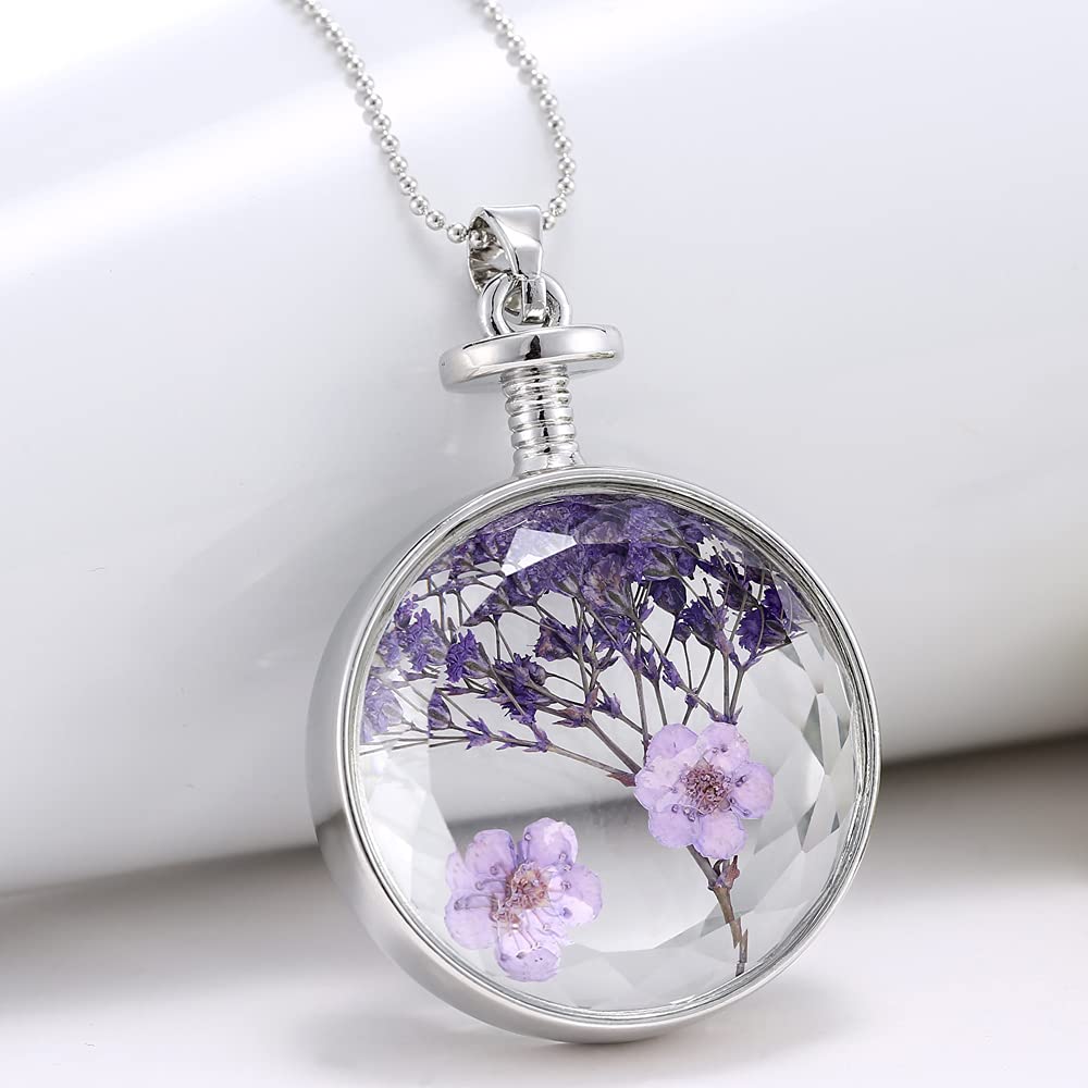 Lifenanny Dry Pressed Flower Necklace Handmade Purple Lavender Glass Necklace Round Pendant Necklace for Women Girls (Purple)