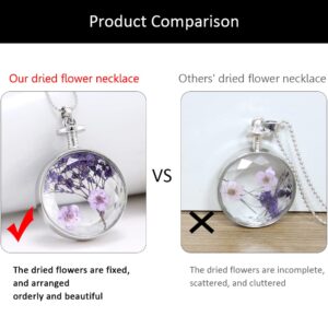 Lifenanny Dry Pressed Flower Necklace Handmade Purple Lavender Glass Necklace Round Pendant Necklace for Women Girls (Purple)