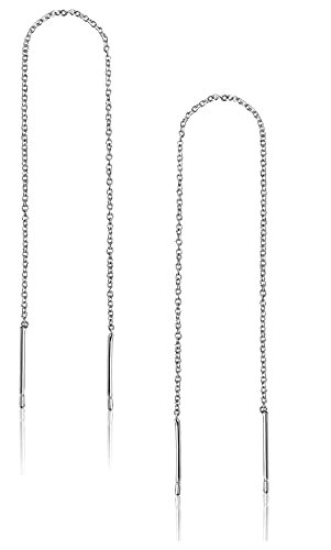 A Pair 925 Sterling Silver Tassel Threader Drop Earrings Long Chain Ear Line (Silver)