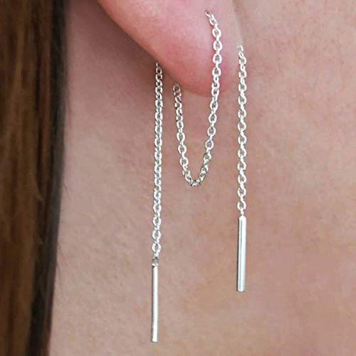 A Pair 925 Sterling Silver Tassel Threader Drop Earrings Long Chain Ear Line (Silver)