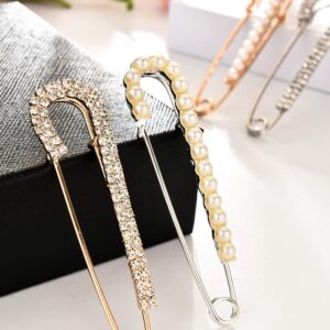 Women Brooch Pins Sweater Shawl Clips Faux Crystal Pearl Brooches Safety Pins Dress Shirt Clips for Women Gold Silver (4 Pieces)