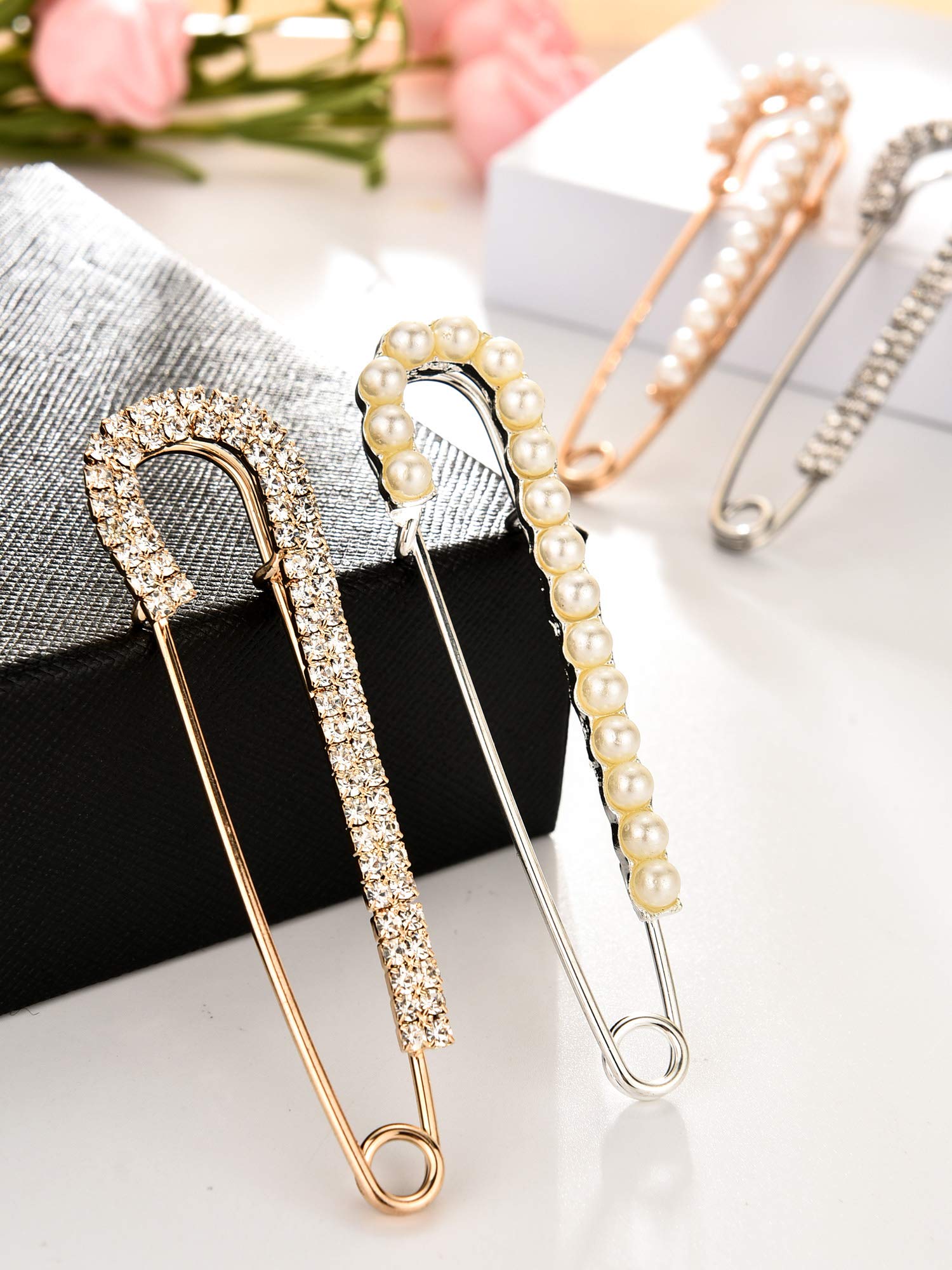 Women Brooch Pins Sweater Shawl Clips Faux Crystal Pearl Brooches Safety Pins Dress Shirt Clips for Women Gold Silver (4 Pieces)