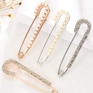 Women Brooch Pins Sweater Shawl Clips Faux Crystal Pearl Brooches Safety Pins Dress Shirt Clips for Women Gold Silver (4 Pieces)