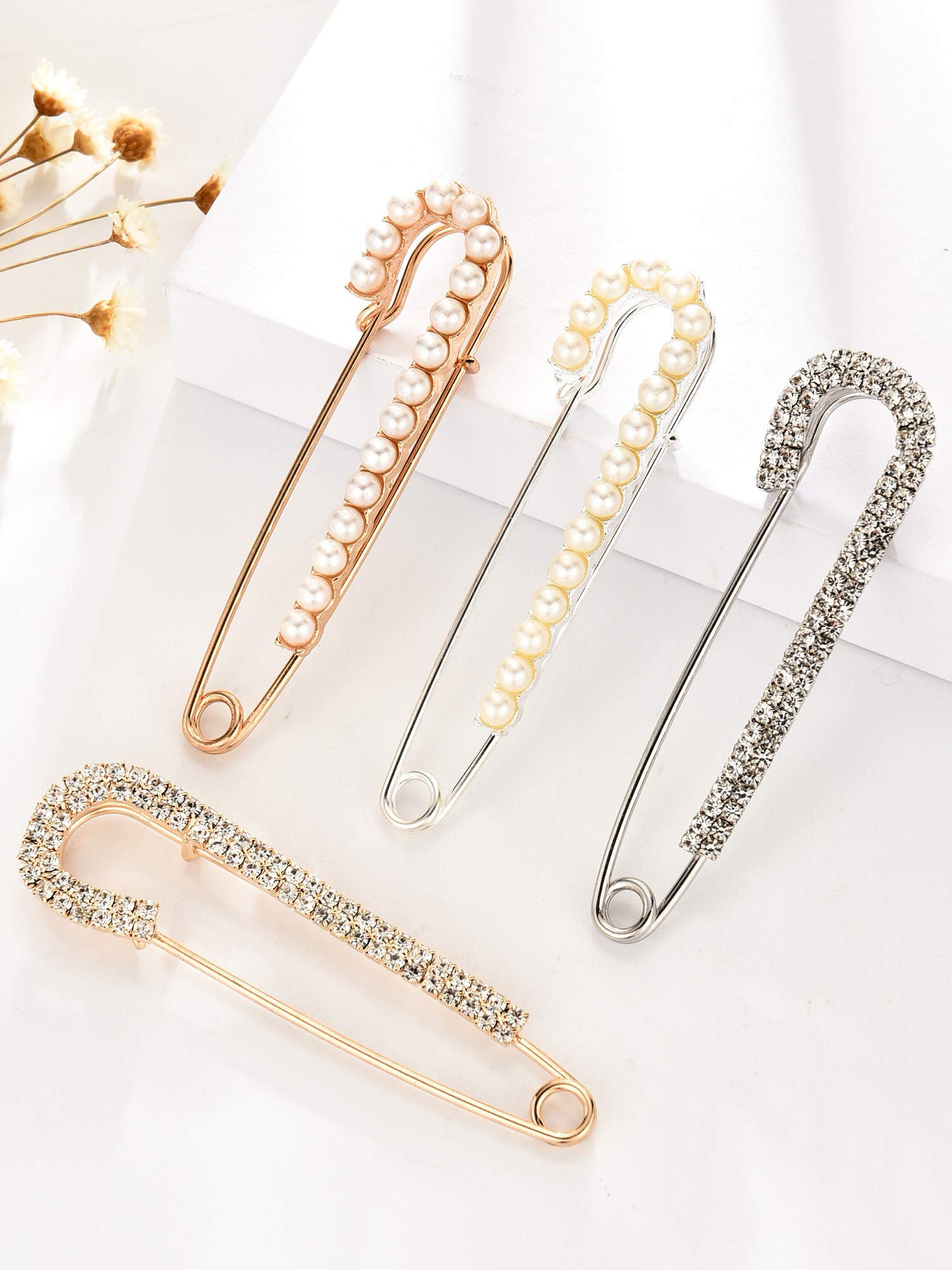 Women Brooch Pins Sweater Shawl Clips Faux Crystal Pearl Brooches Safety Pins Dress Shirt Clips for Women Gold Silver (4 Pieces)