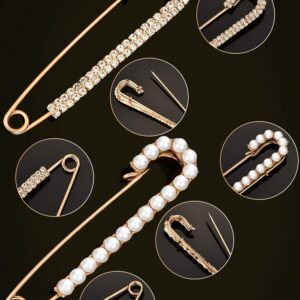 Women Brooch Pins Sweater Shawl Clips Faux Crystal Pearl Brooches Safety Pins Dress Shirt Clips for Women Gold Silver (4 Pieces)