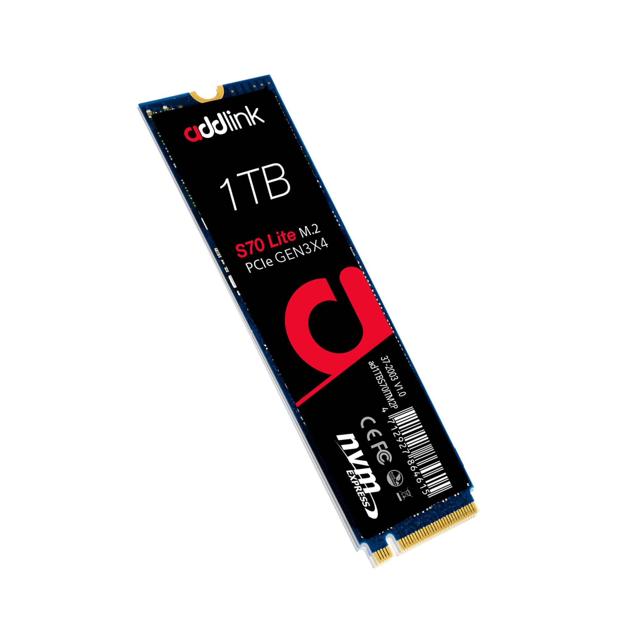 Addlink S70 Lite 1TB Ultra Durability Gaming SSD Maximum Speed 3200 MB/s Internal Solid State Hard Drive - M.2 2280 PCIe 3.0 NVMe Gen3X4 3D NAND SSD (ad1TBS70M2P)