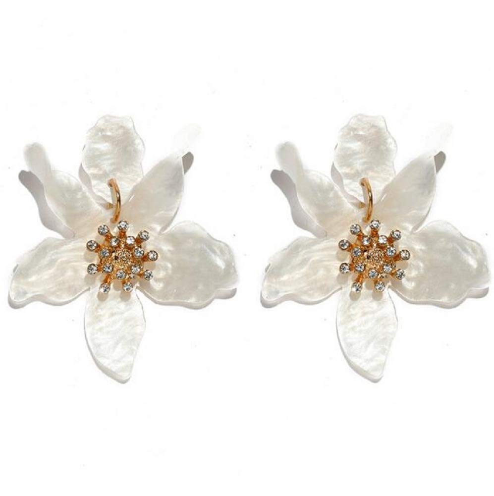 Tiande Bohemian Luxury Oversize Resin Big Flower Earrings For Women Stainless Steel Crystal Jewelry - White