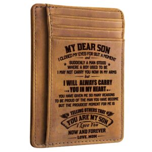 fathers day birthday gifts for men, graduation gifts for son from mom, to my son engraved leather wallet, mother and son gifts, mens wallets, front pocket wallet, slim minimalist wallets for men