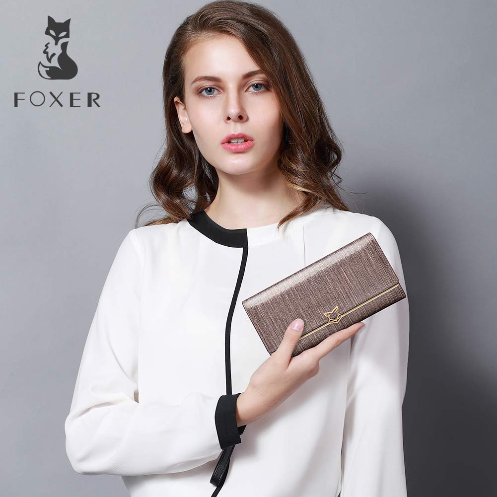 FOXER Glitter Bifold Wallets for Women, Split Cowhide Gift Box Packing Ladies Leather Clutch Purses with Zipper Coin Pocket Women's Credit Card Holder Womens Shiny Evening Wallet Sparkling Rose Gold