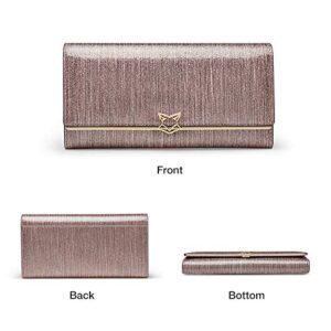 FOXER Glitter Bifold Wallets for Women, Split Cowhide Gift Box Packing Ladies Leather Clutch Purses with Zipper Coin Pocket Women's Credit Card Holder Womens Shiny Evening Wallet Sparkling Rose Gold