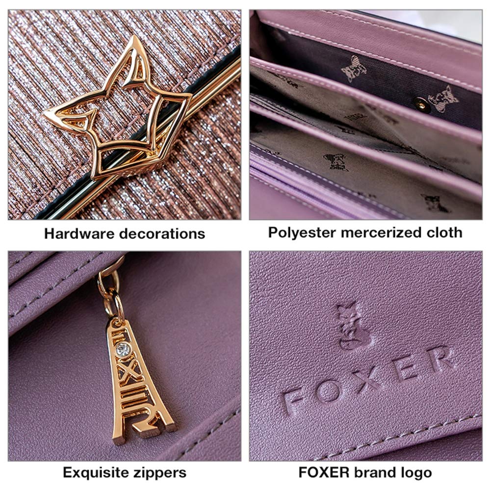 FOXER Glitter Bifold Wallets for Women, Split Cowhide Gift Box Packing Ladies Leather Clutch Purses with Zipper Coin Pocket Women's Credit Card Holder Womens Shiny Evening Wallet Sparkling Rose Gold