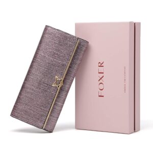 FOXER Glitter Bifold Wallets for Women, Split Cowhide Gift Box Packing Ladies Leather Clutch Purses with Zipper Coin Pocket Women's Credit Card Holder Womens Shiny Evening Wallet Sparkling Rose Gold