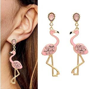 Pink Enamel Oil Flamingo Bird Dangle Earrings for Women Hypoallergenic Jewelry Cute Animal Flamingo Crystal Earrings (Pink)