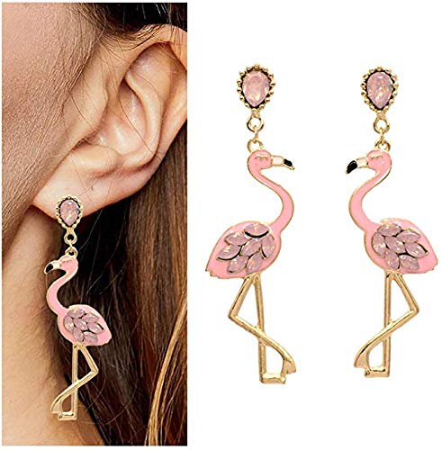 Pink Enamel Oil Flamingo Bird Dangle Earrings for Women Hypoallergenic Jewelry Cute Animal Flamingo Crystal Earrings (Pink)