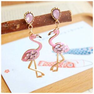 Pink Enamel Oil Flamingo Bird Dangle Earrings for Women Hypoallergenic Jewelry Cute Animal Flamingo Crystal Earrings (Pink)