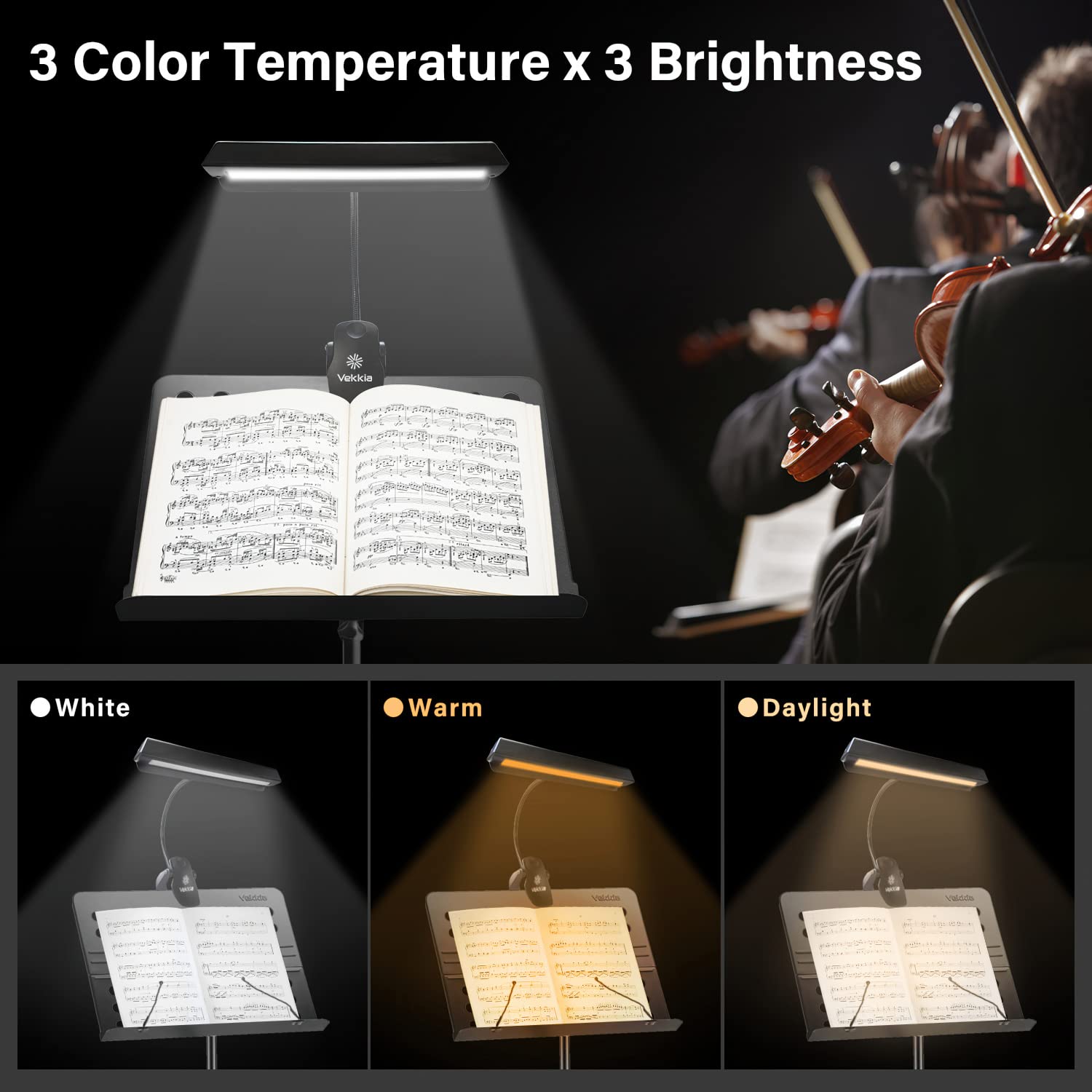 Vekkia Rechargeable Music Stand Light - Musicians Piano Light Clip On, 9 Levels Dimmable, Portable, USB-C, Perfect for Piano, Orchestra, Podium, Easel