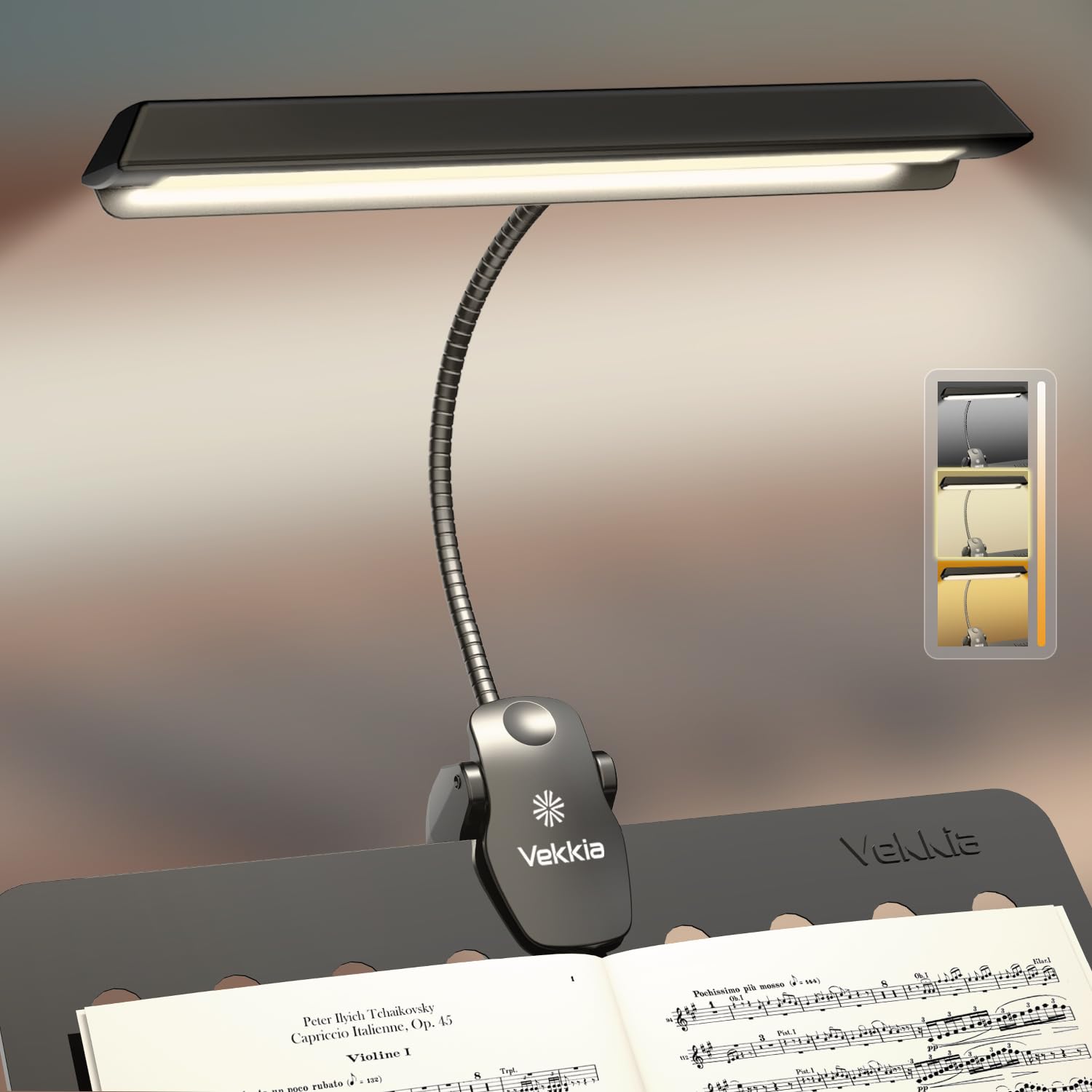 Vekkia Rechargeable Music Stand Light - Musicians Piano Light Clip On, 9 Levels Dimmable, Portable, USB-C, Perfect for Piano, Orchestra, Podium, Easel