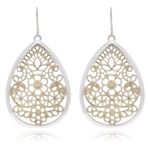 bohemian gold & silver two tone floral filigree big tear drop earrings (big tear drop)