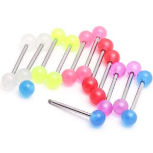 crazypiercing tongue rings barbell nipple bars 12pcs glow in dark 14g bioflex acrylic or stainless steel piercing rings jewelry (stainless steel bar)