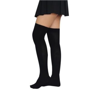 Bestjybt Women Long Thigh High Socks Cotton Over the Knee Socks (1 Pair-Black, Style 01)