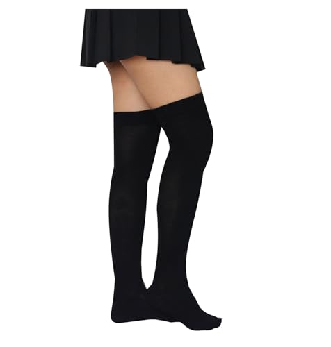 Bestjybt Women Long Thigh High Socks Cotton Over the Knee Socks (1 Pair-Black, Style 01)