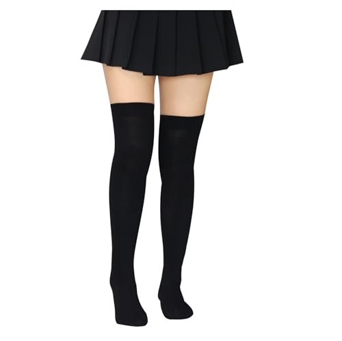 Bestjybt Women Long Thigh High Socks Cotton Over the Knee Socks (1 Pair-Black, Style 01)