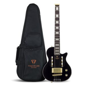 traveler guitar eg-1 custom gloss black electric guitar | small electric guitar with headphone amp | full 24 3/4" scale travel guitar | portable mini guitar | headless guitar with custom gig bag