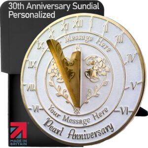 the metal foundry personalized pearl 30th sundial - heavy duty recycled brass home decor, garden present made in the uk for parents, grandparents, friends, couples 30 years marriage