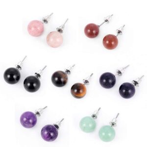 YEYULIN 7pairs Natural Gemstone Ball Stud Earrings Amethyst Rose Quartz Agate Crystal Earring Jewelry for Womens Girls