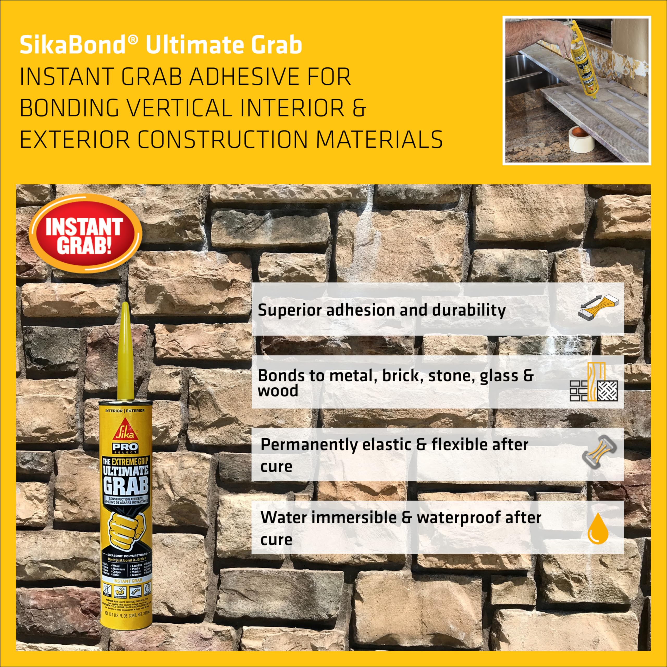 SIKA - SikaBond Ultimate Grab, Gray, Instant grab, Polyurethane adhesive, indoor and outdoor bonding, 10.1 fl.oz Feet