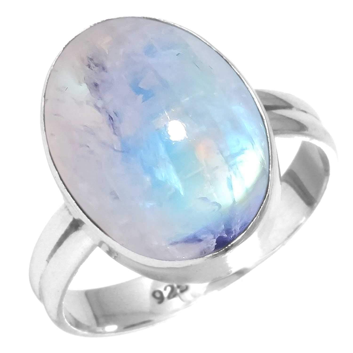 JEWELOPORIUM 925 Sterling Silver Ring for Women White Natural Rainbow Moonstone Stone Boho Silver Ring Size 8 Christmas - Gift Statement Jewelry