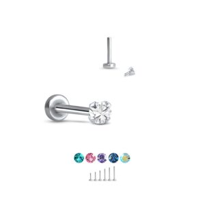 14K White Gold Labret Nose Ring Stud Titanium Screw Post 1/4" - 6mm Post 1.5mm Clear CZ 16G