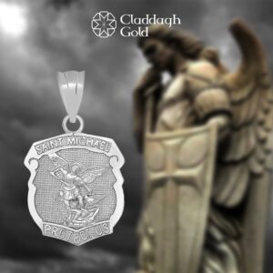 Claddagh Gold .925 Sterling Silver ‘Saint Michael Protect Us’ 2/3" Shield Medal Pendant - Pendant Only