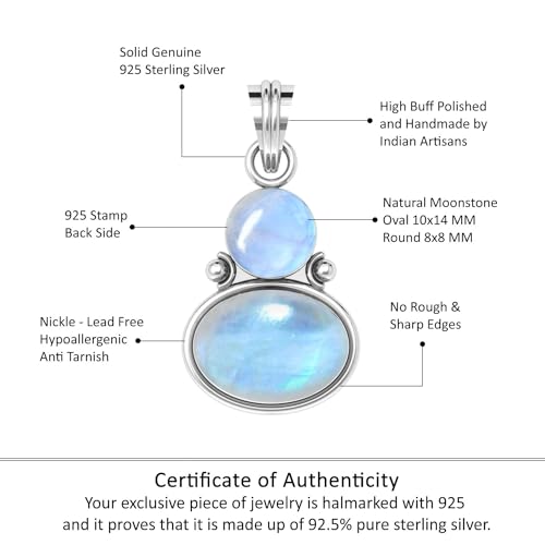 JEWELOPORIUM 925 Sterling Silver Pendant for Women White Natural Rainbow Moonstone Gemstone Vintage Silver Pendant Necklace Halloween - Gift Solitaire Jewelry