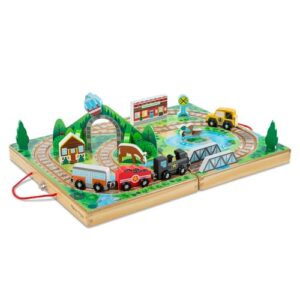 melissa & doug 17-piece wooden take-along tabletop railroad, 3 trains, truck, play pieces, bridge - fsc certified