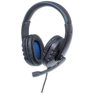 manhattan usb-a gaming headset with leds. retractable built-in microphone, audio control, integrated 1.8 m cable, black and blue