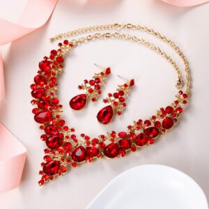 EVER FAITH Women's Crystal Bridal Banquet Floral Cluster Teardrop Necklace Earrings Set Red Gold-Tone