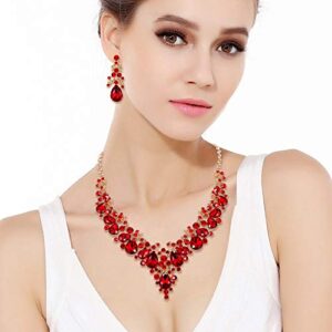 EVER FAITH Women's Crystal Bridal Banquet Floral Cluster Teardrop Necklace Earrings Set Red Gold-Tone