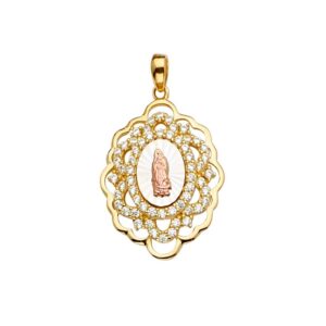 sonia jewels 14k white yellow and rose tri color gold cubic zirconia cz our lady of guadalupe virgin mary medal pendant 30mm x 18mm