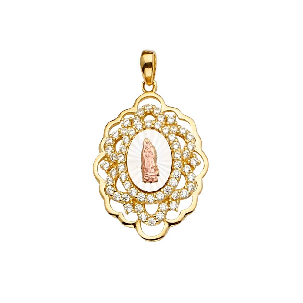 Sonia Jewels 14k White Yellow And Rose Tri Color Gold Cubic Zirconia CZ Our Lady of Guadalupe Virgin Mary Medal Pendant 30mm X 18mm