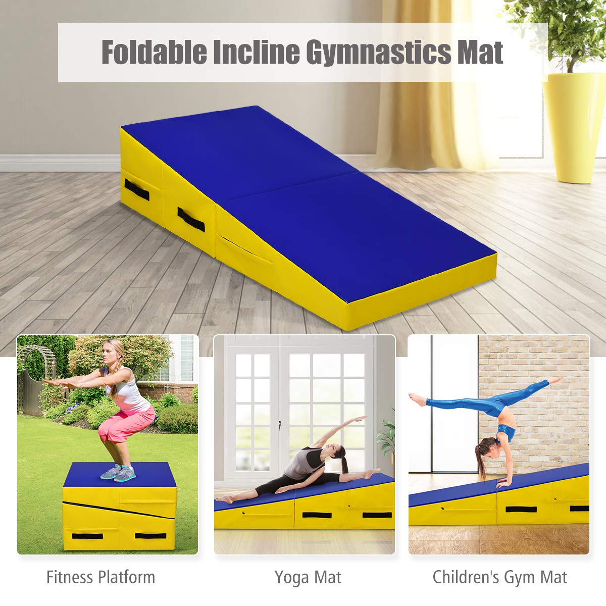 GYMAX Incline Gymnastics Mat, 60"X30"X14" Wedge Shape Gymnastics Incline Mat Folding Gymnastics Gym Fitness Tumbling Mat, Ideal for Tumbling, Practice & Exercise (Yellow, 60"X30"X14")