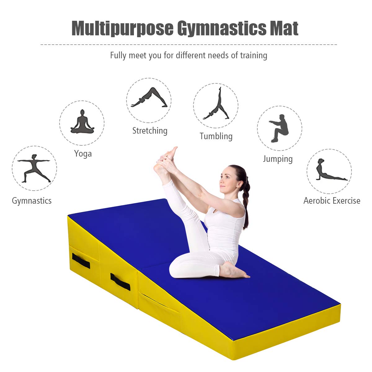 GYMAX Incline Gymnastics Mat, 60"X30"X14" Wedge Shape Gymnastics Incline Mat Folding Gymnastics Gym Fitness Tumbling Mat, Ideal for Tumbling, Practice & Exercise (Yellow, 60"X30"X14")