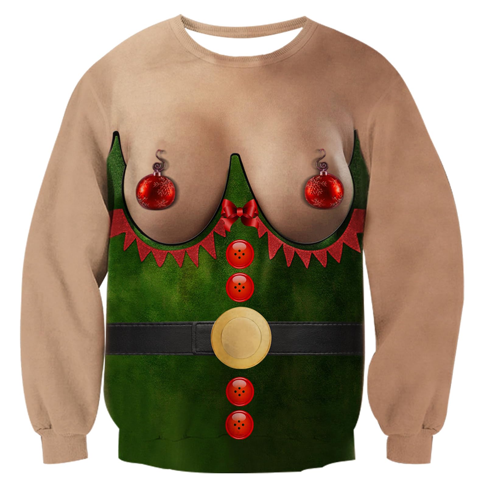 uideazone Unisex 3D Ugly Christmas Sweater Elf Boobs Printed Funny X-mas Party Graphic Sweatshirts Pullover for Men Women