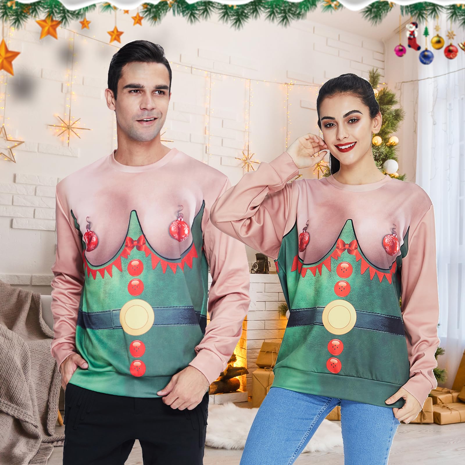 uideazone Unisex 3D Ugly Christmas Sweater Elf Boobs Printed Funny X-mas Party Graphic Sweatshirts Pullover for Men Women