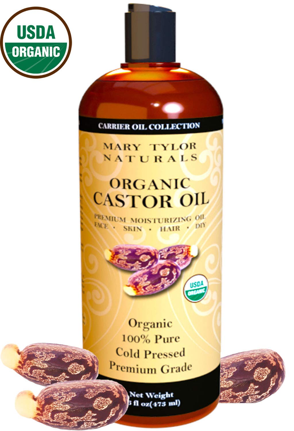 Mary Tylor Naturals Organic Castor Oil 16 oz — USDA Certified Cold Pressed, Hexane Free, 100% Pure and Natural