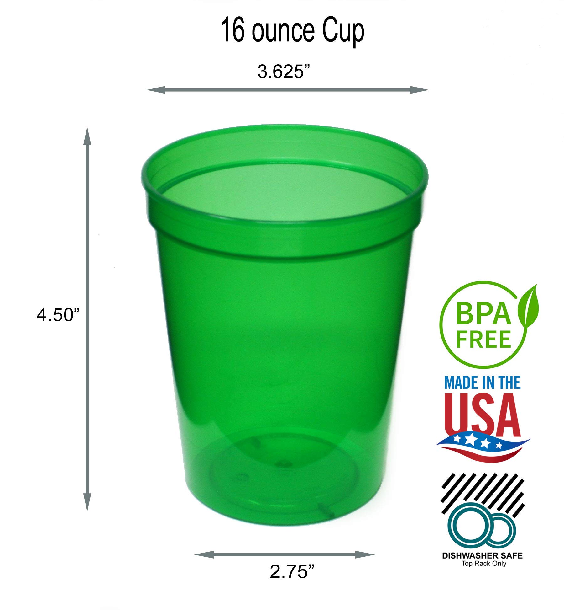 Rolling Sands 16 Oz Reusable Plastic Stadium Cups, Bulk 50 Pk, USA Made, BPA-Free Dishwasher Safe Plastic Tumblers, Translucent Green