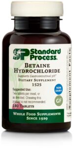 standard process betaine hydrochloride - whole food gi and digestive health supplement with magnesium citrate, betaine hcl, ammonium chloride, pepsin, and more - 180 tablets