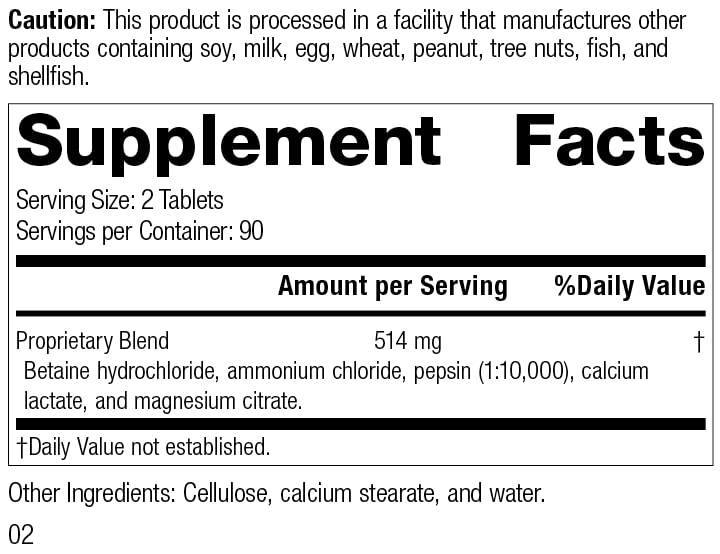 Standard Process Betaine Hydrochloride - Whole Food GI and Digestive Health Supplement with Magnesium Citrate, Betaine HCl, Ammonium Chloride, Pepsin, and More - 180 Tablets