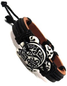 sea turtle bracelet with indian symbols engraved-turtle with coqui taino and indian sun-hawaiian sea turtles leather bracelet