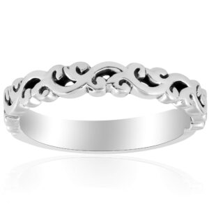 14k white gold hand carved womens wedding band filigree vintage stackable ring - size 7.5